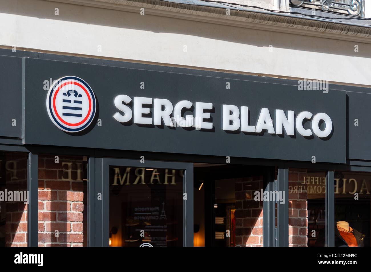 Sign of a Serge Blanco boutique. Serge Blanco is a French clothing ...