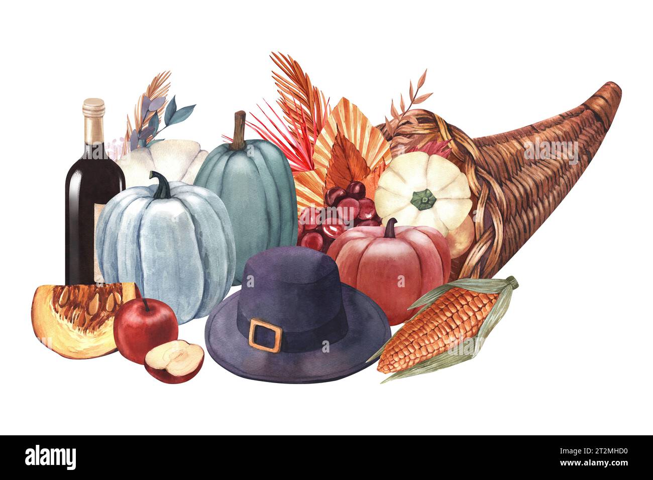 Watercolor cornucopia (horn of plenty) with pumpkin and vegetable. Hand ...