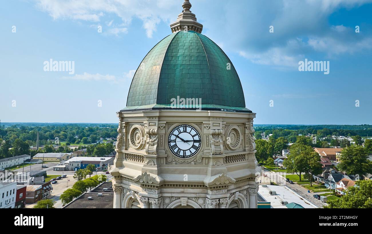 Aerial close up of Columbia City courthouse clock tower with dome and ...
