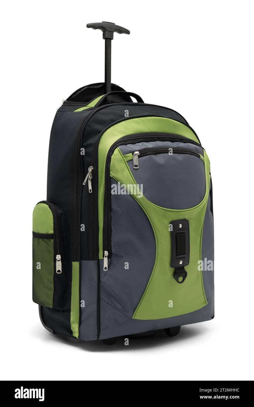 rolling green backpack isolated on white background. travel daypack ...
