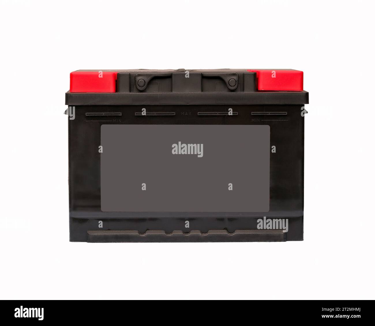 black car battery closeup on a white background, front view Stock Photo ...