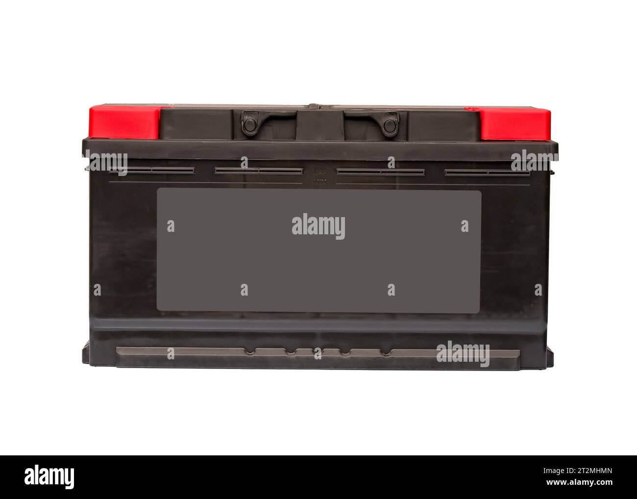 black car battery closeup on a white background, front view Stock Photo ...