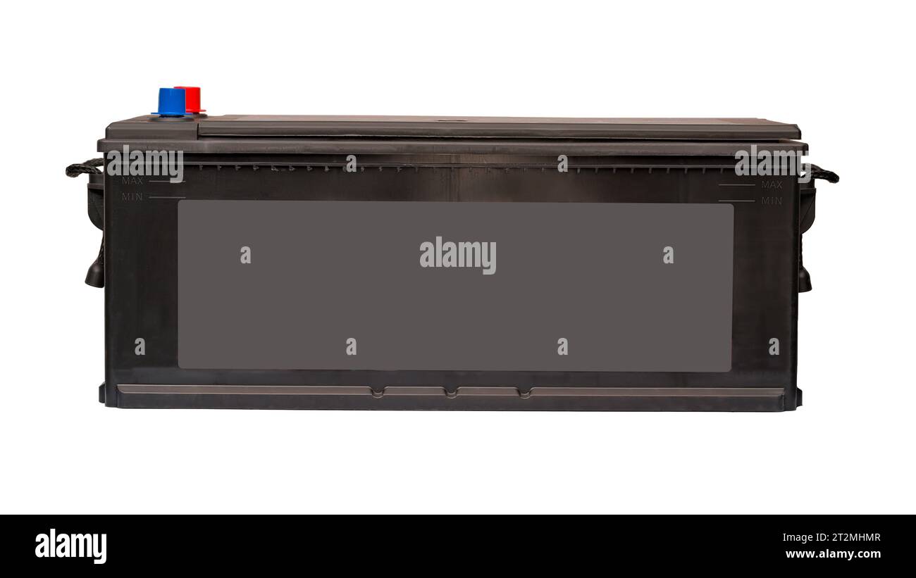 black car battery closeup on a white background, front view Stock Photo ...