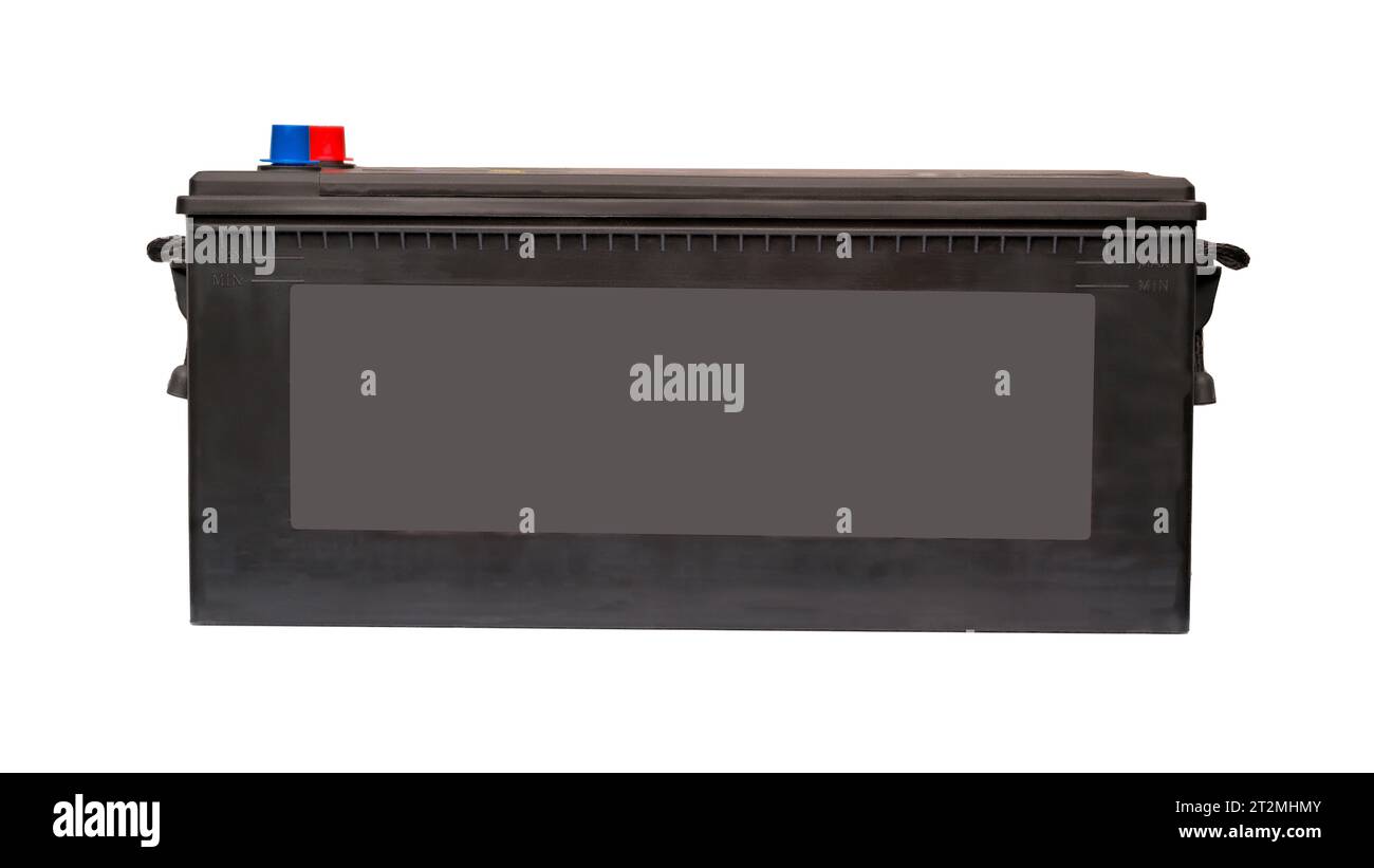 black car battery closeup on a white background, front view Stock Photo ...