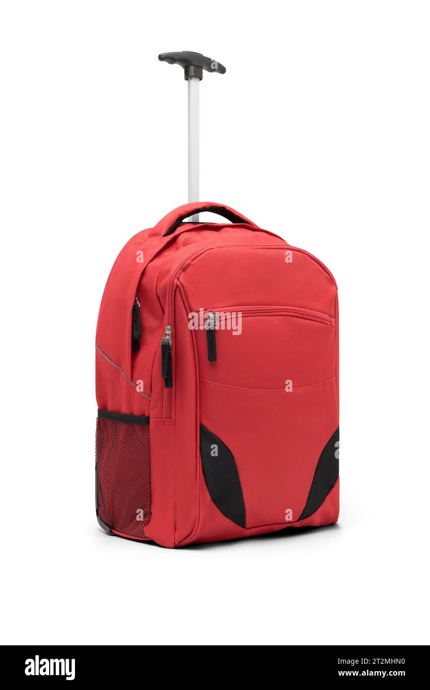 rolling red backpack isolated on white background. travel daypack with ...
