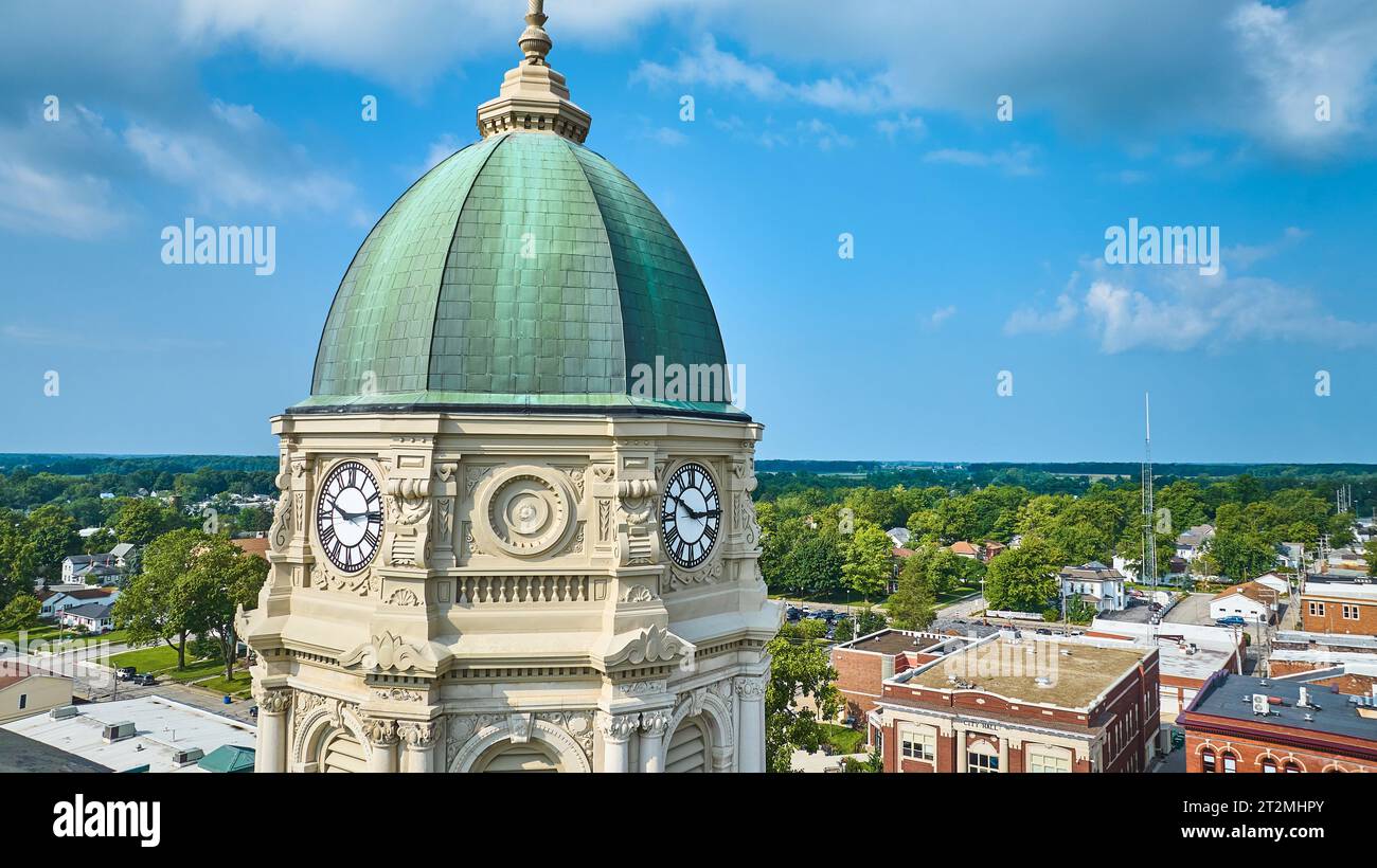 Close up aerial of Columbia City courthouse clock tower with dome and ...