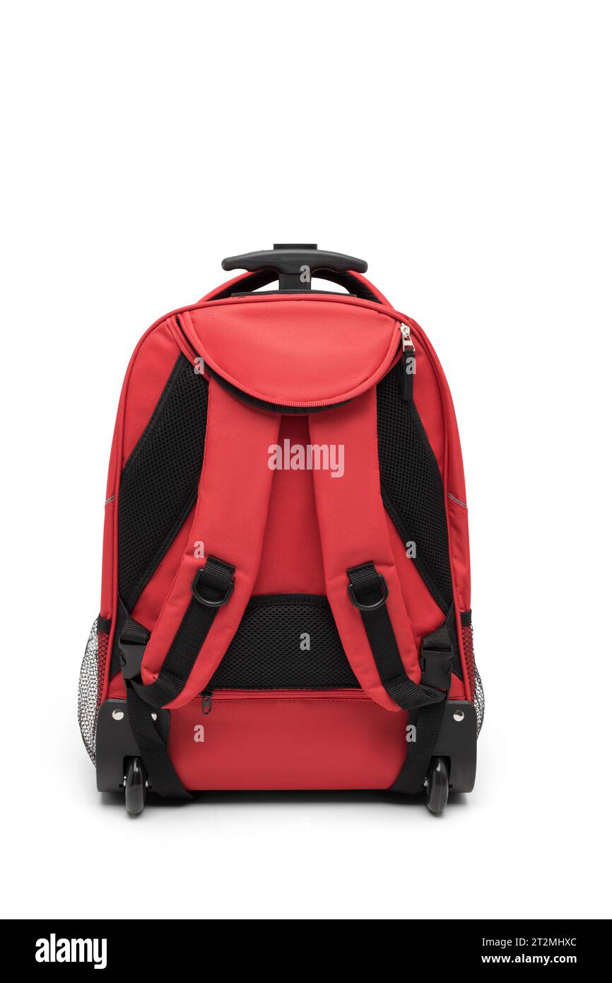 rolling red backpack isolated on white background. travel daypack with ...
