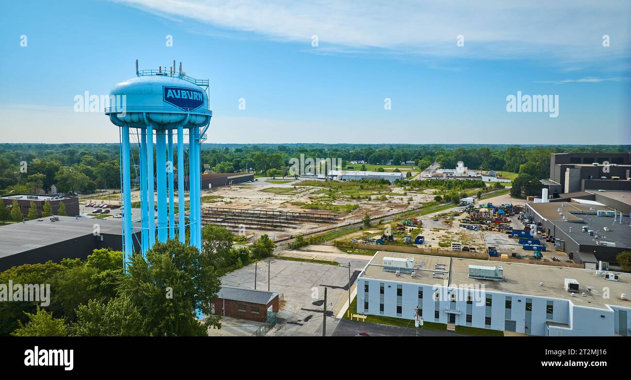 Aerial industrial area near bright blue Auburn water tower Stock Photo ...