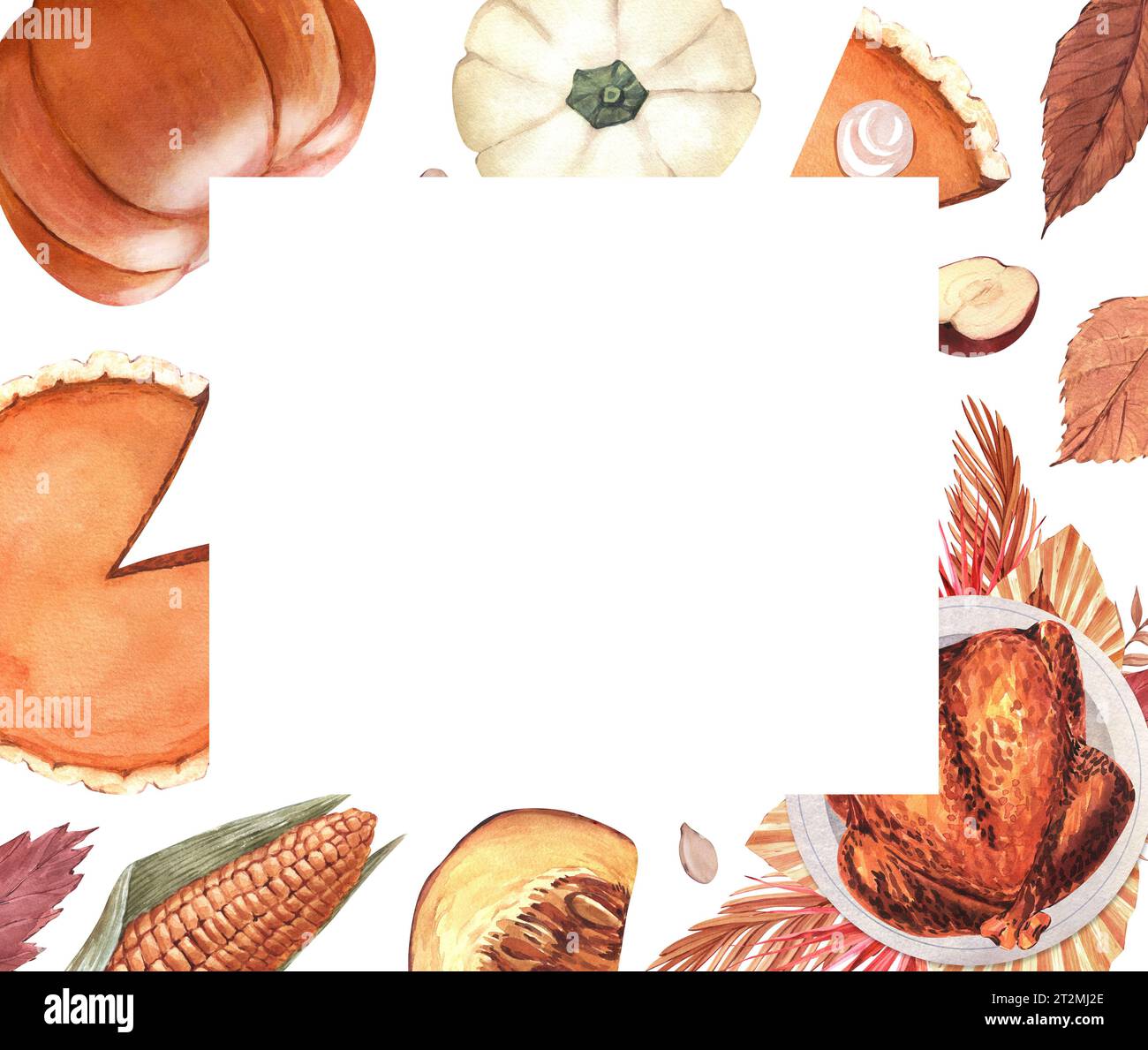 Watercolor baked turkey, autumn leaves, pumpkin pie, corn and apples ...