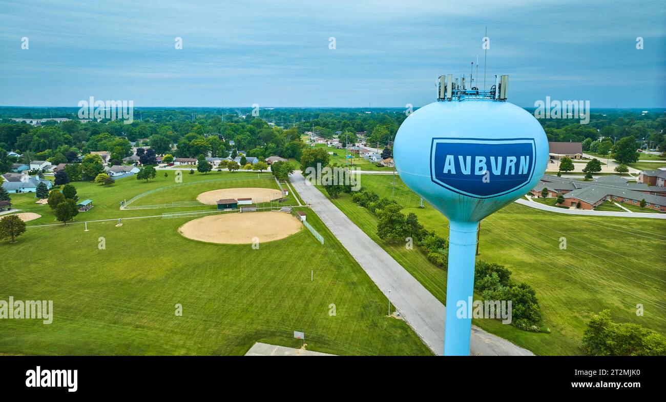 Close up aerial of curved Auburn water tower on stormy day Stock Photo ...