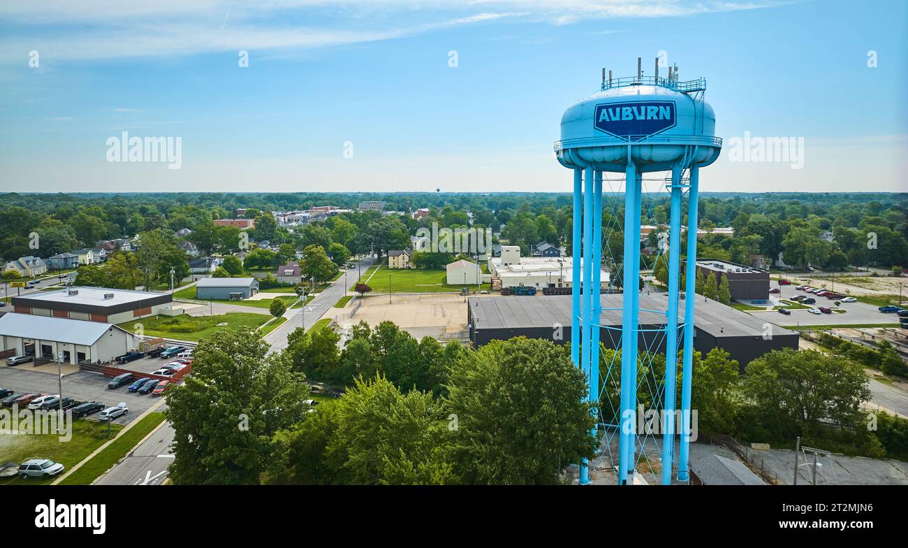 Overcast day with aerial view of Auburn water tower with distant water ...