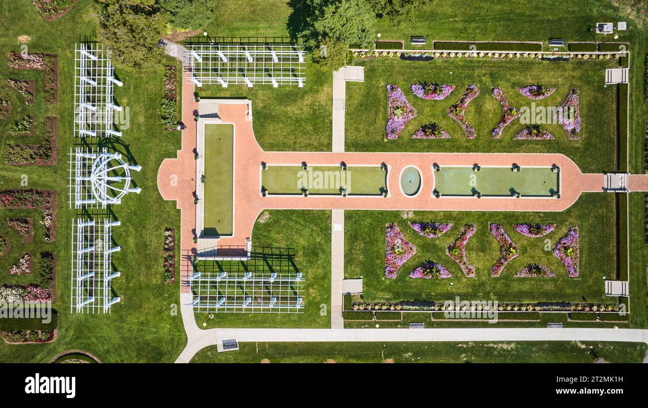 Symmetrical gardens and pergola with pools of water at Lakeside Park ...