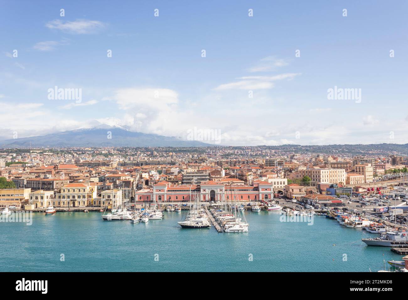 The port of Catania, Sicily, Italy, Mount Etna in the background ...