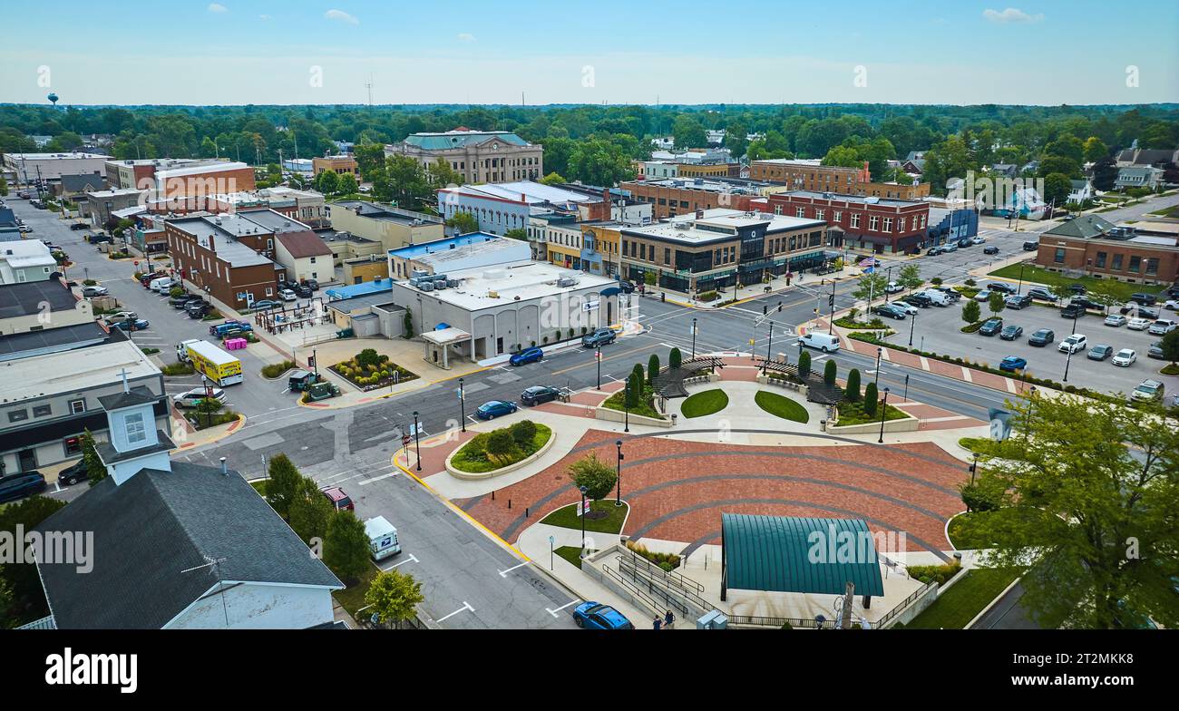 Aerial downtown Auburn with James Cultural Plaza and distant courthouse ...