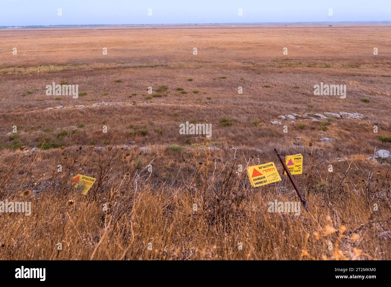 Mine field with warning signs in Golan Heights in Israel Stock Photo ...