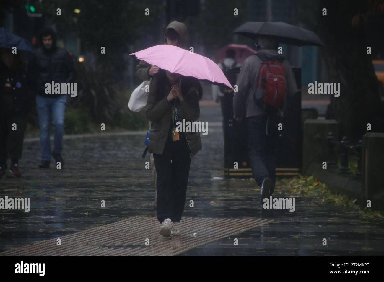 Newcastle, UK. 20th Oct 2023. Storm Babet - People battle the weather ...