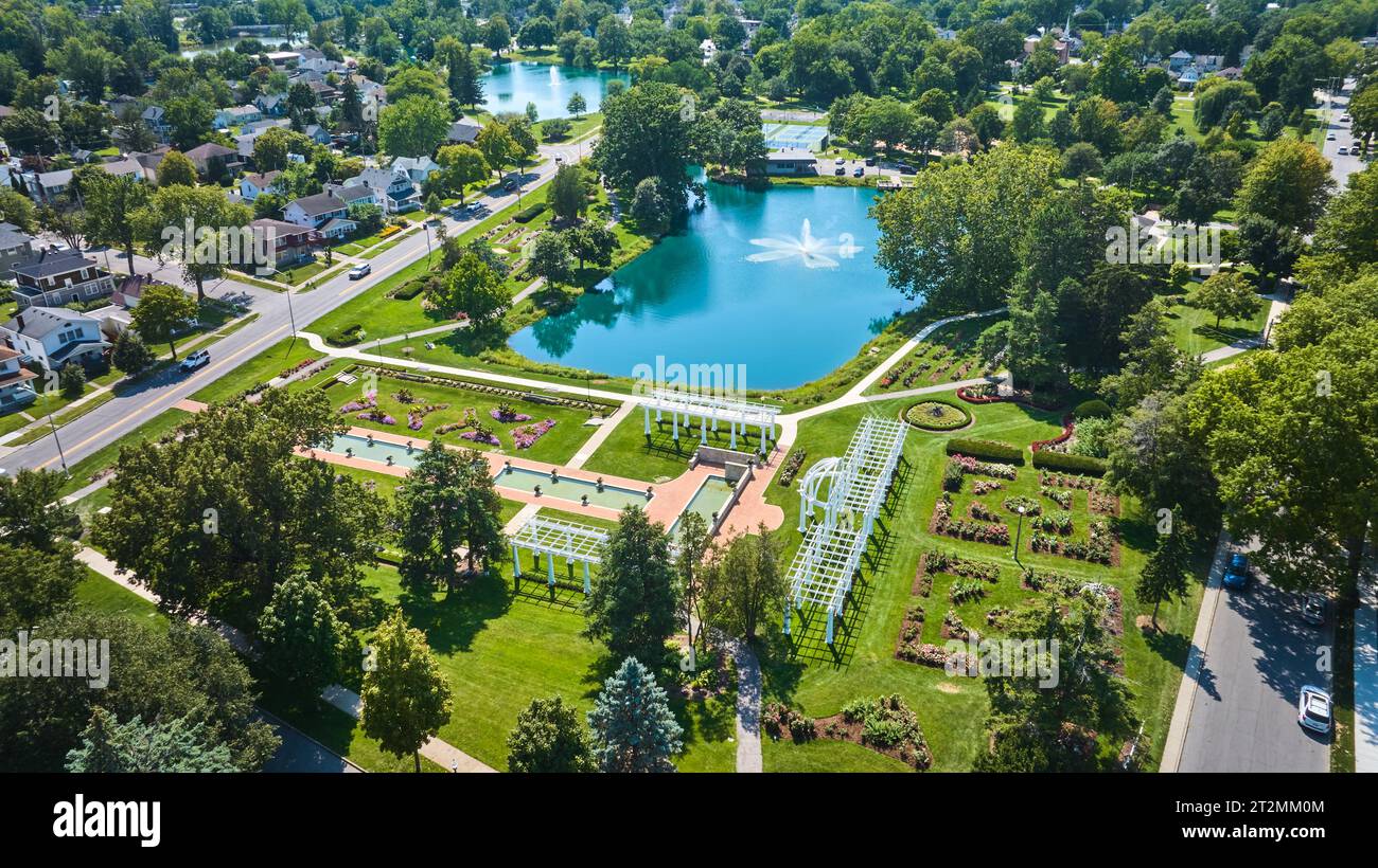 Aerial Lakeside Park pond with view of gardens and pools of water and ...