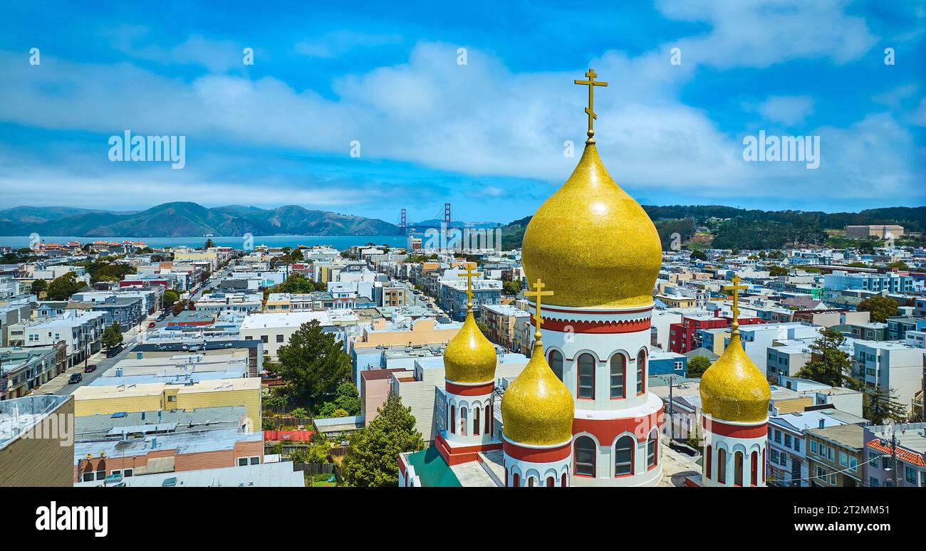 Aerial domed roof of Russian orthodox Holy Virgin Cathedral with Golden ...