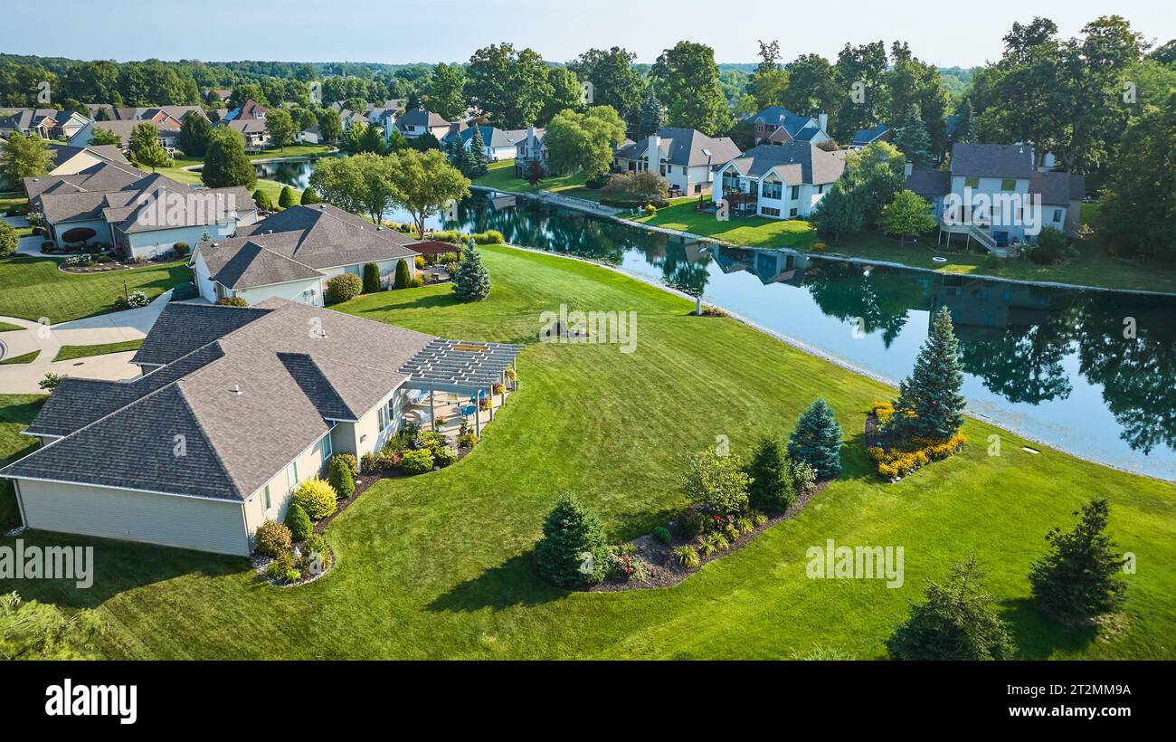 Low aerial over neighborhood houses with pond view and landscaping ...