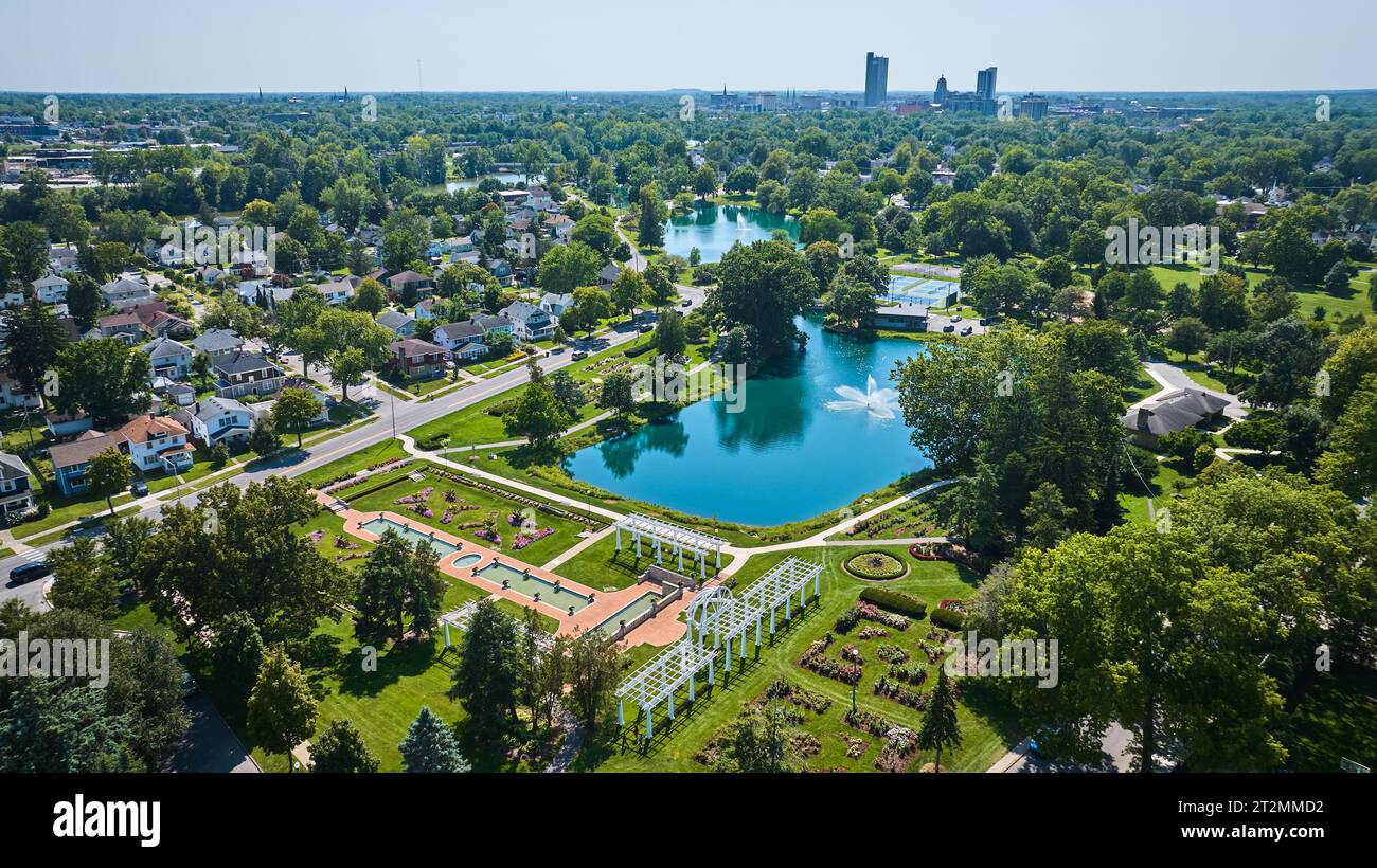Aerial Lakeside Park gardens and fountains with distant downtown Fort ...