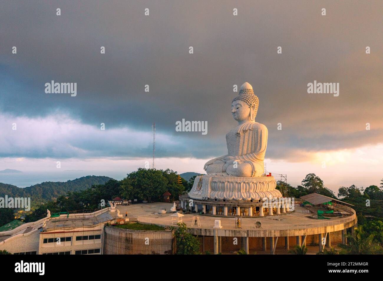 aerial view scenery sunset with rain clouds moving above beautiful ...