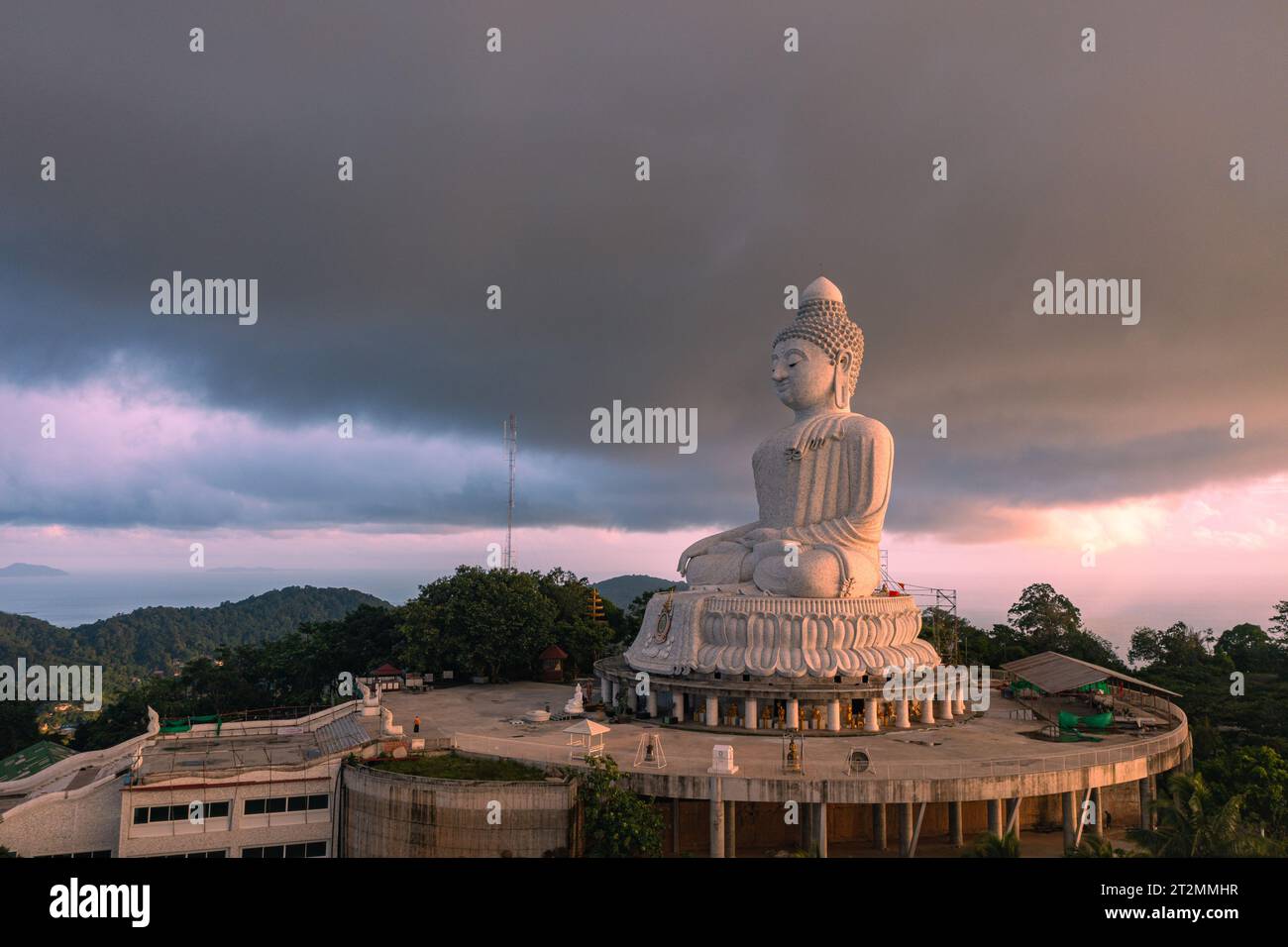 aerial view scenery sunset with rain clouds moving above beautiful Phuket big Buddha. cloud ...