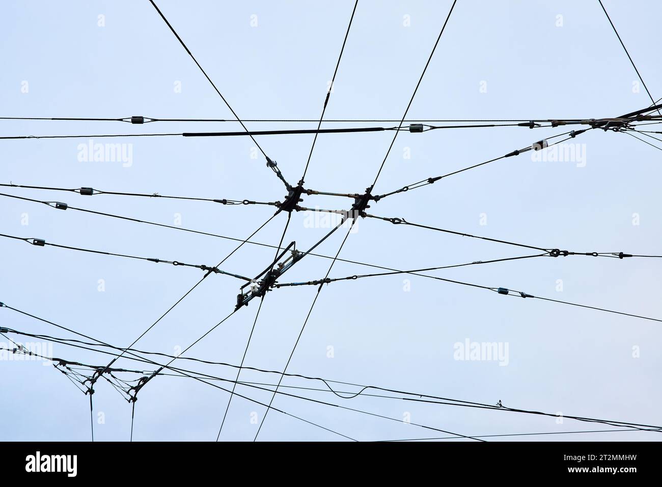 Mess of wires for city transportation clean electric energy upward ...