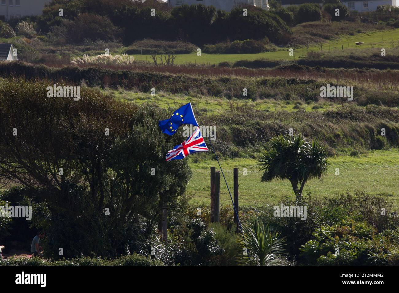 European flag dominant over the Union Flag of Great Britain Stock Photo ...