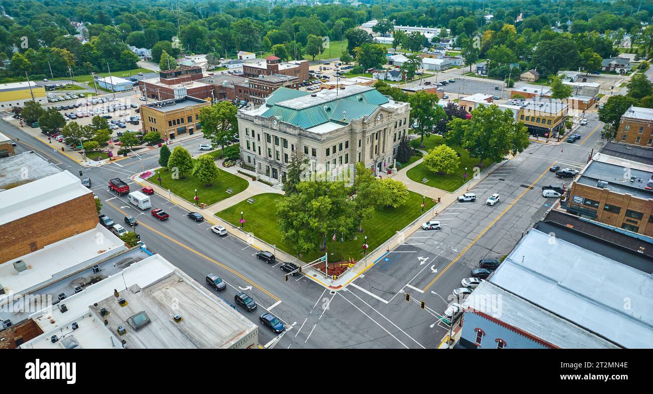 Aerial downtown Auburn Indiana courthouse with green lawn Stock Photo ...