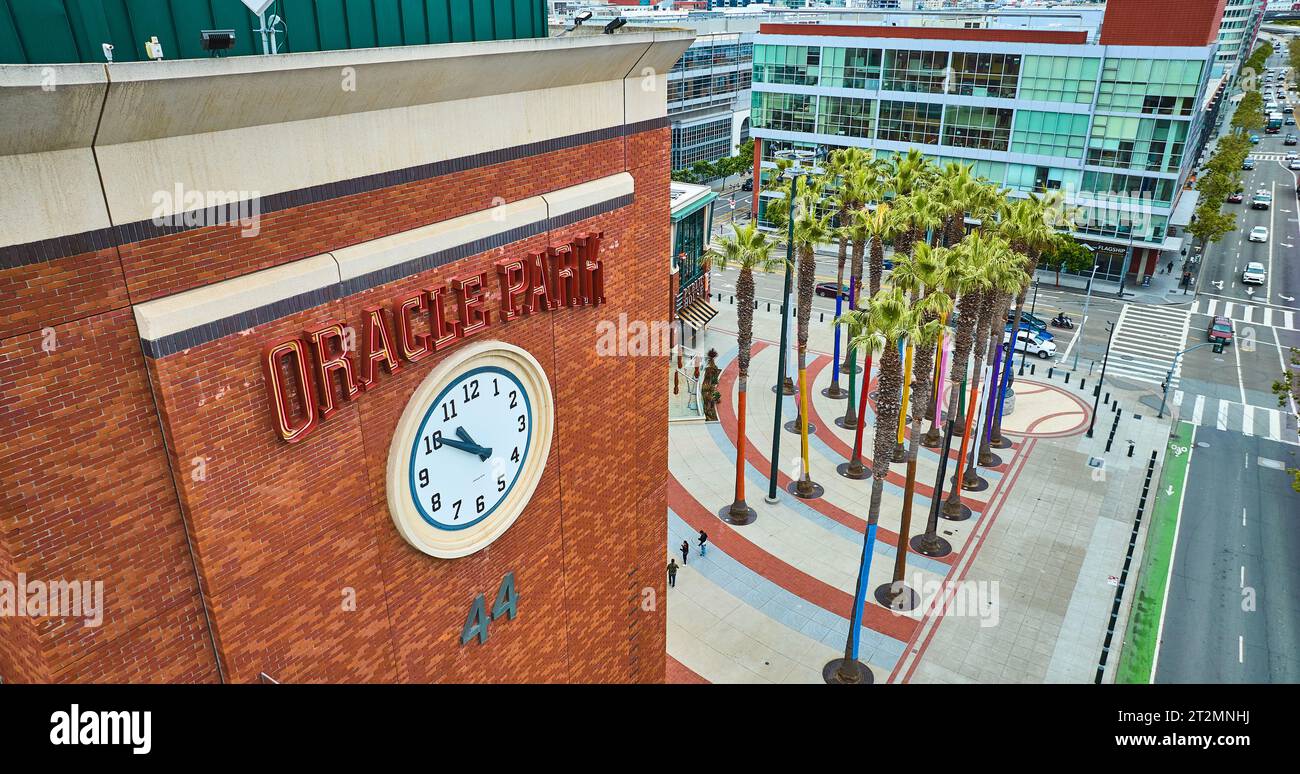 Aerial Oracle Park 44 clock with palm trees and obscured Willie Mays ...