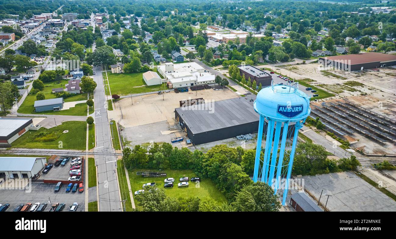 Downward shot of Auburn water tower in industrial zone with Indiana ...