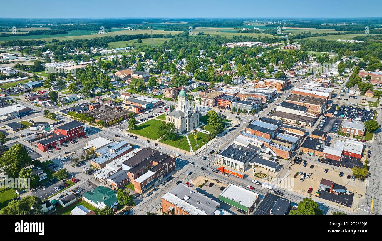 Aerial view of Columbia City with Whitley County Courthouse in center ...