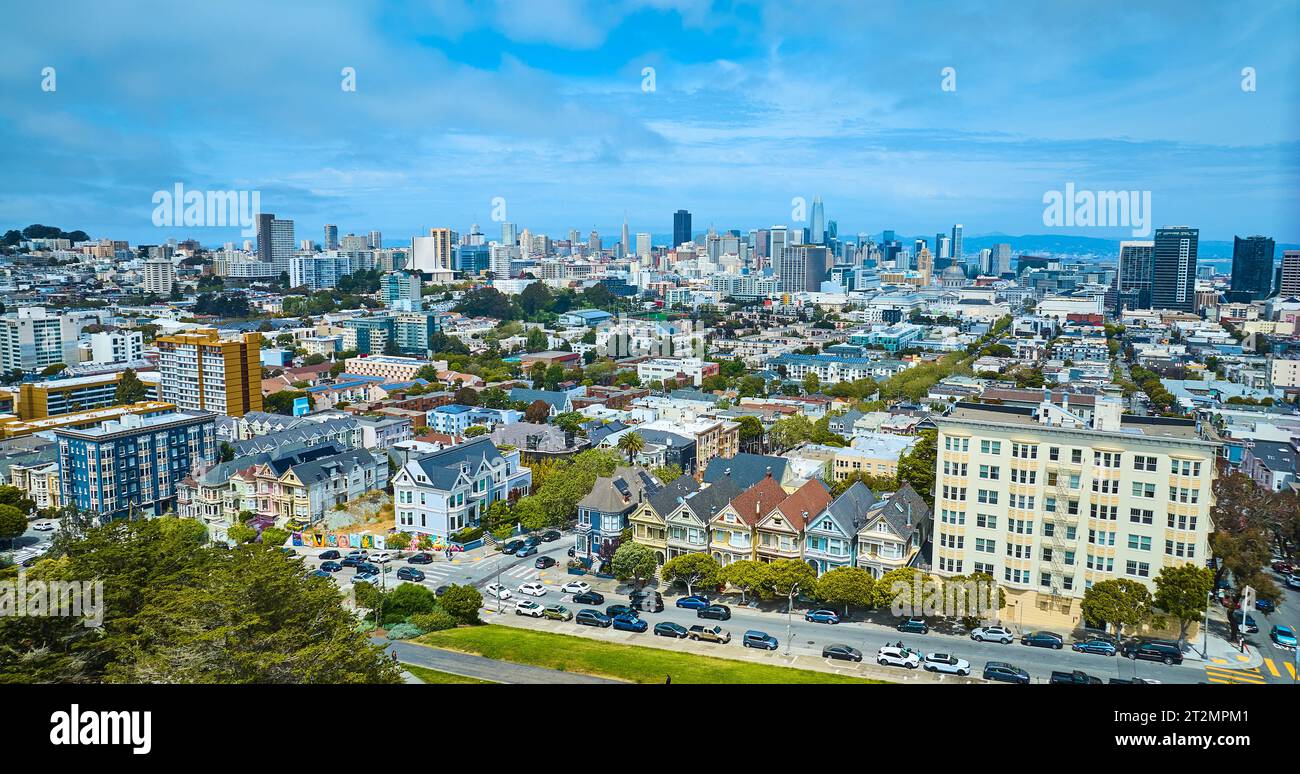 Aerial San Francisco The Painted Ladies with wide view of city and ...