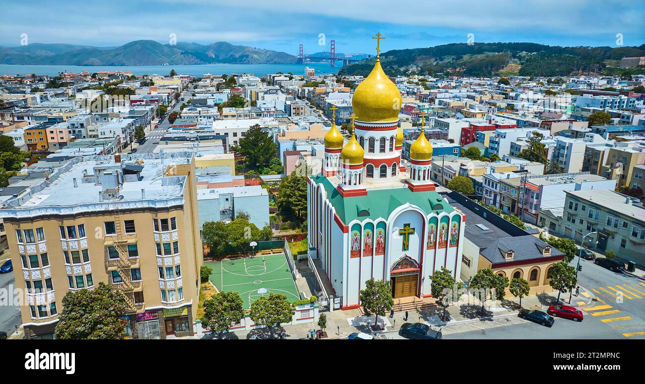 Aerial Holy Virgin Cathedral Joy of All Who Sorrow with Golden Gate Bridge in background Stock ...