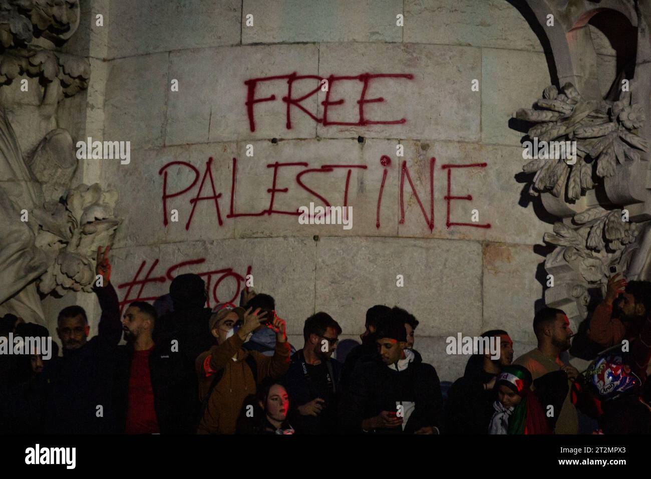 A "Free Palestine" graffiti seen written on the Statue de la Republique ...