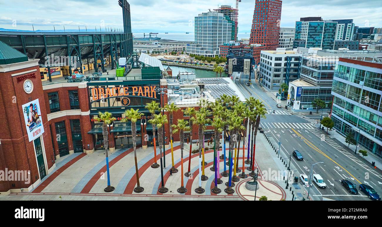 Aerial Oracle Park Willie Mays Gate entrance with trees and distant ...