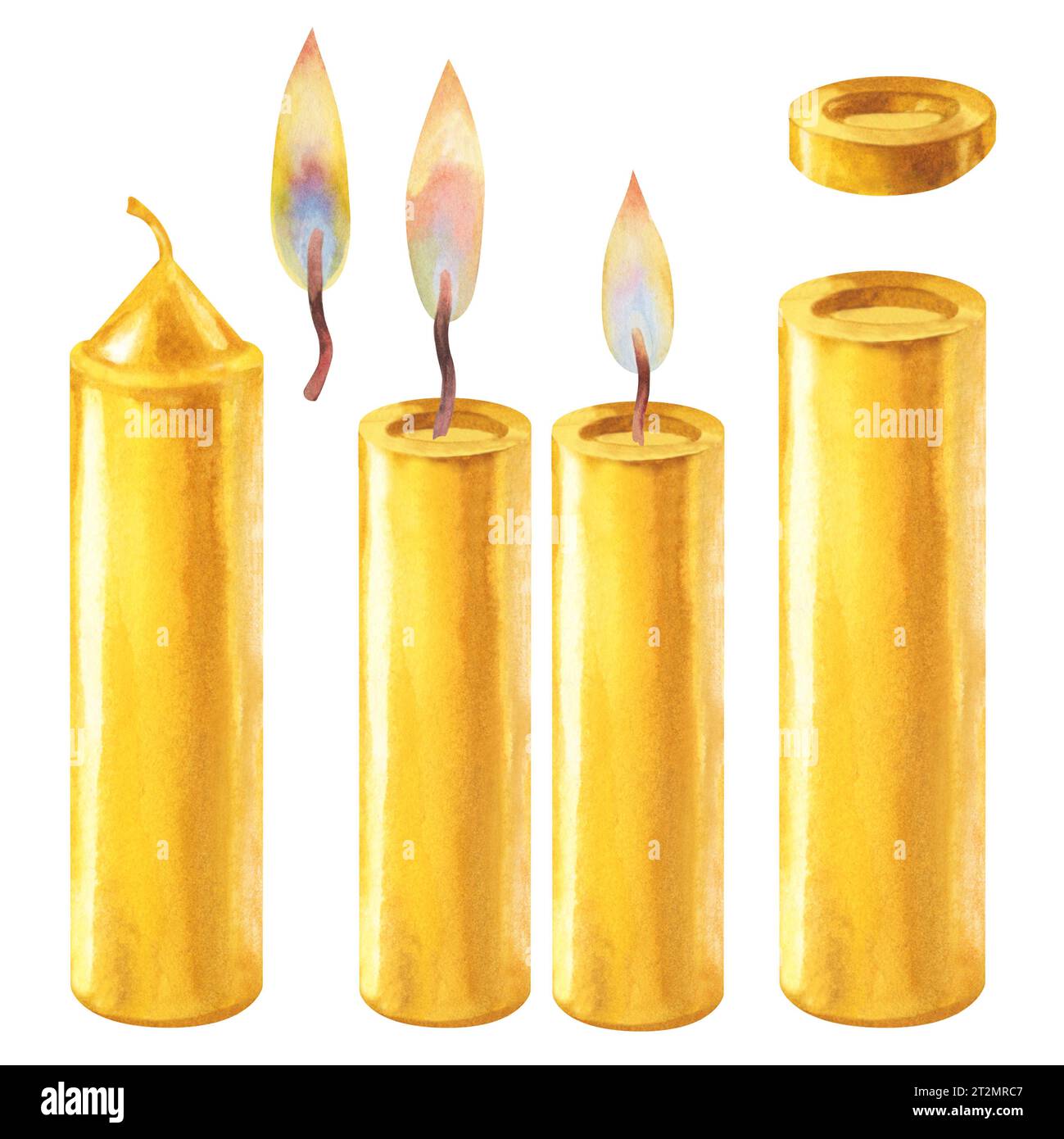 Watercolor gold Christmas candles with flame and candle light.. Elements isolated on white ...