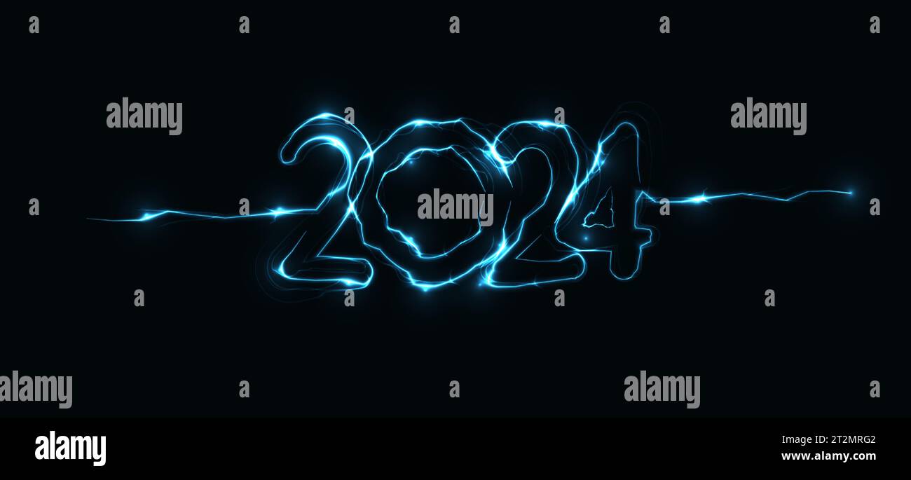 2024 New Year numbers with electrifying style. Stunning blue lightning ...