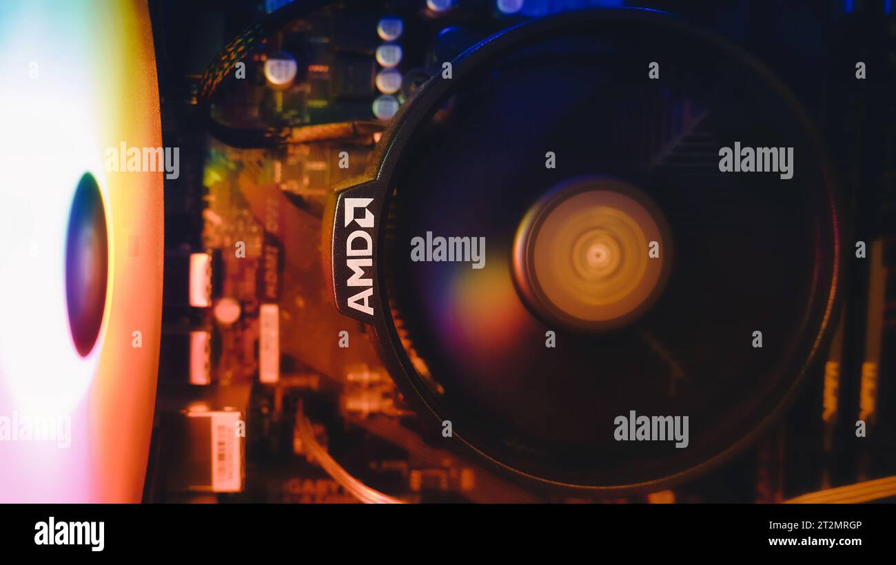 Ryazan, Russia - October 19, 2023: Close-up of a running AMD CPU fan ...