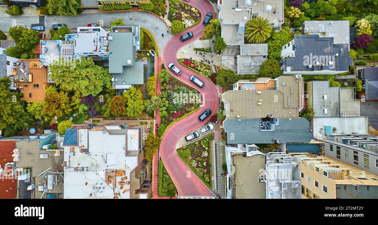 Aerial straight down Lombard Street with road running vertically Stock ...