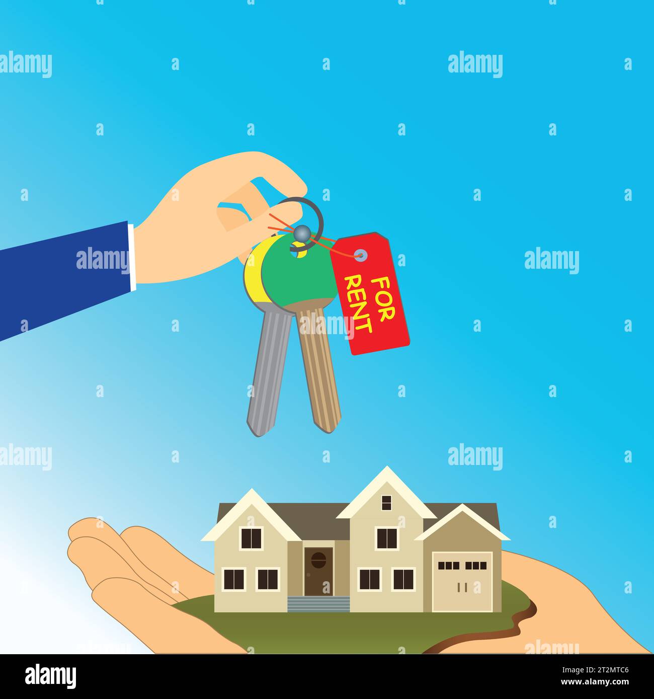 Hand holding keys with the tag for rent above a house Stock Vector ...