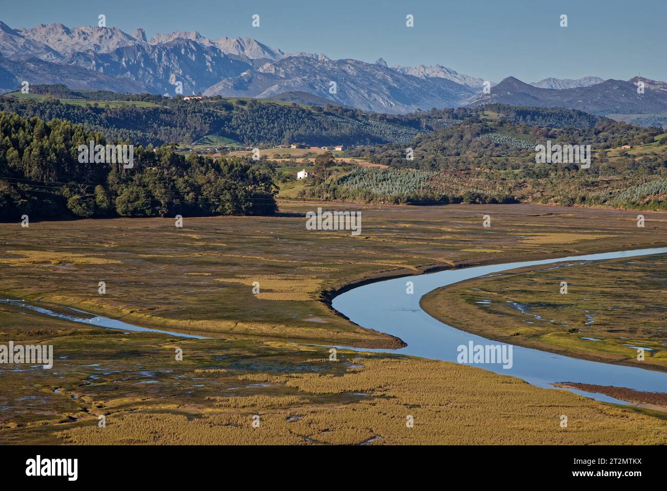 Landscape of Picos de Europa and river from San Vicente de la Barquera ...