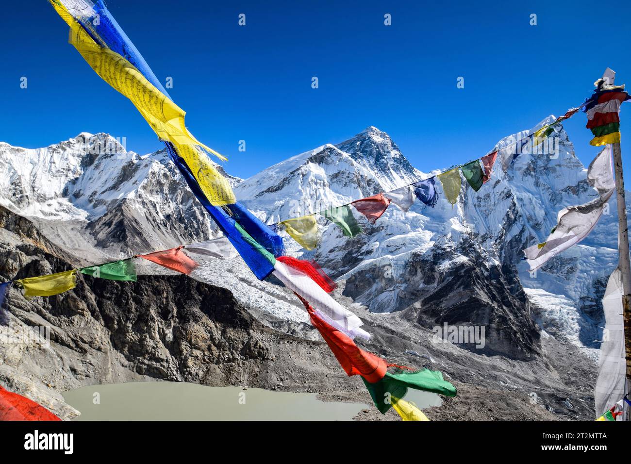 Prayer flags with Mount Everest and Nuptse in the Background Stock ...