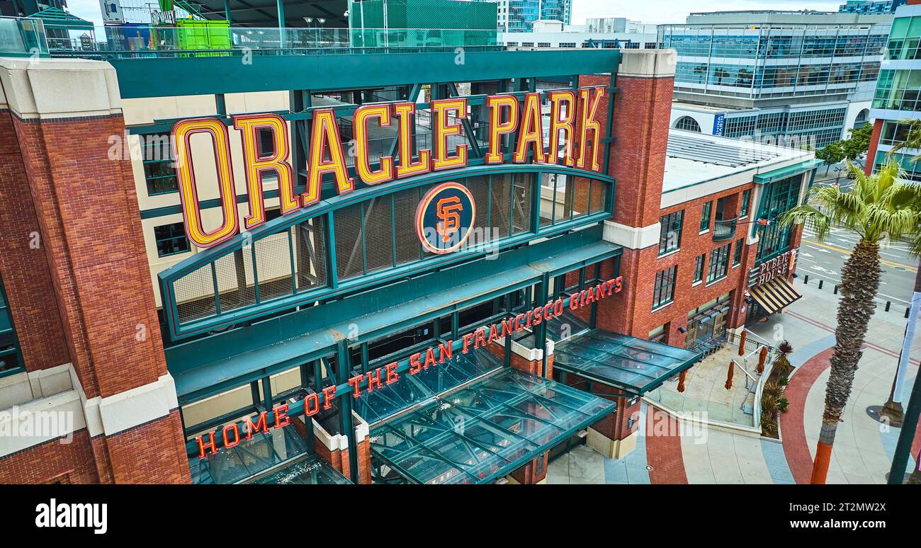 Aerial Oracle Park Home of the San Francisco Giants sign and entrance ...