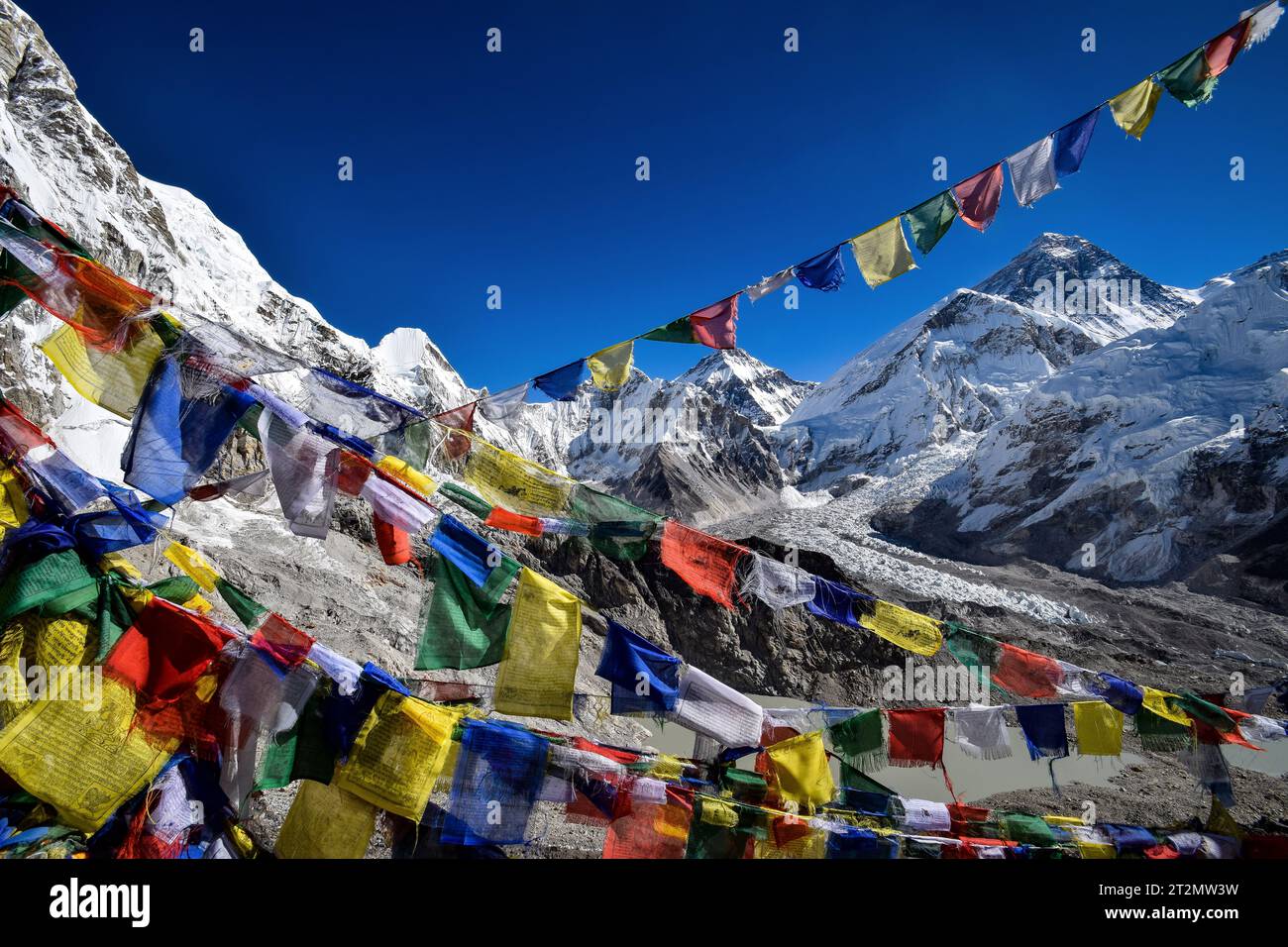 Prayer flags with Mount Everest and Nuptse in the Background Stock ...