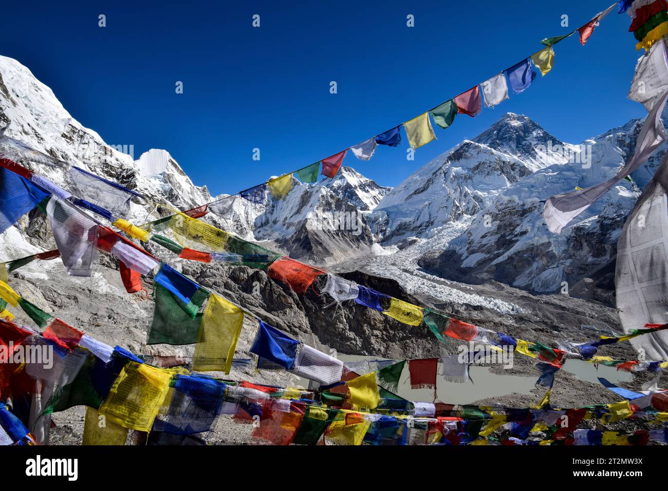 Prayer flags with Mount Everest and Nuptse in the Background Stock ...