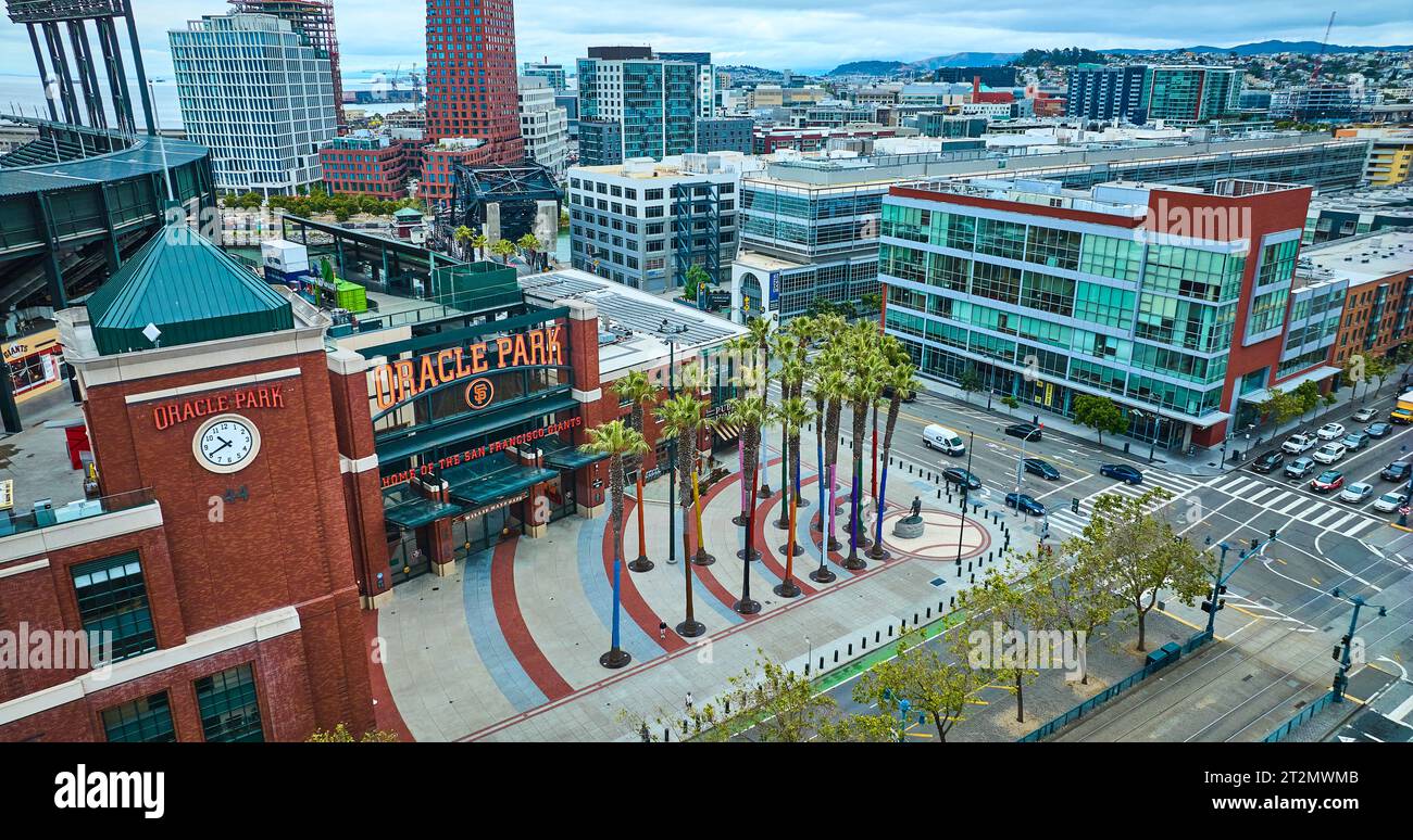 Willie Mays Gate wide aerial of Oracle Park front entrance with statue ...