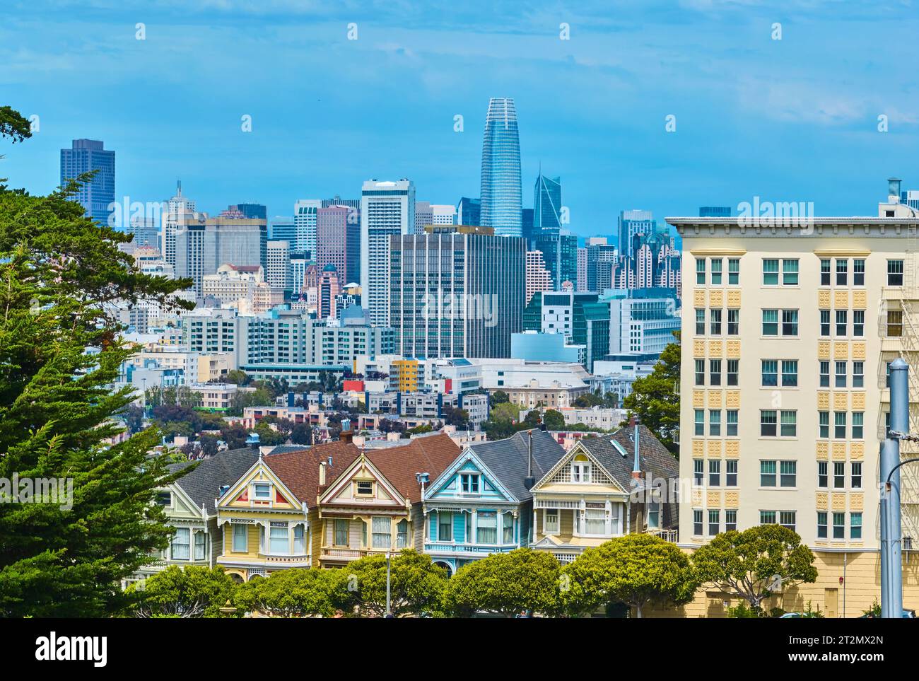 Aerial panorama The Painted Ladies with cloudy blue sky with downtown ...