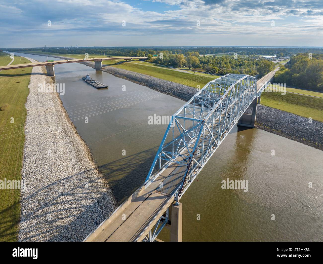 towboats with barges on Chain of Rock Canal of Mississipi River above ...