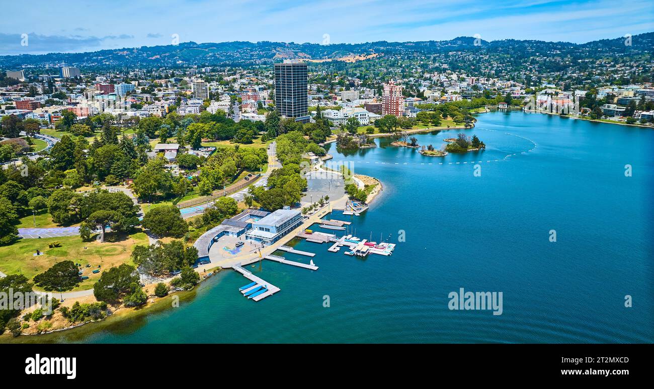 Aerial Lake Merritt Boating Center with Pelican Island and residential ...